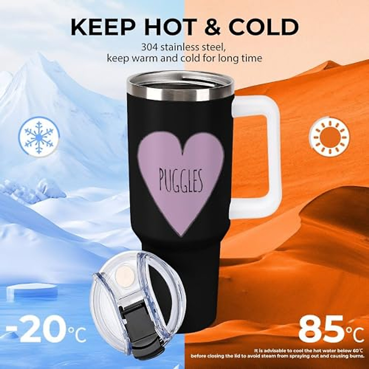 Puggle Love 40oz Water Bottle Double Wall Insulated Tumbler with Handle Leakproof Travel Mug White-style