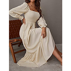 WDIRARA Women's Square Neck Flounce Shirred Ruffle Hem Elegant Long Sleeve Maxi Dress Apricot L