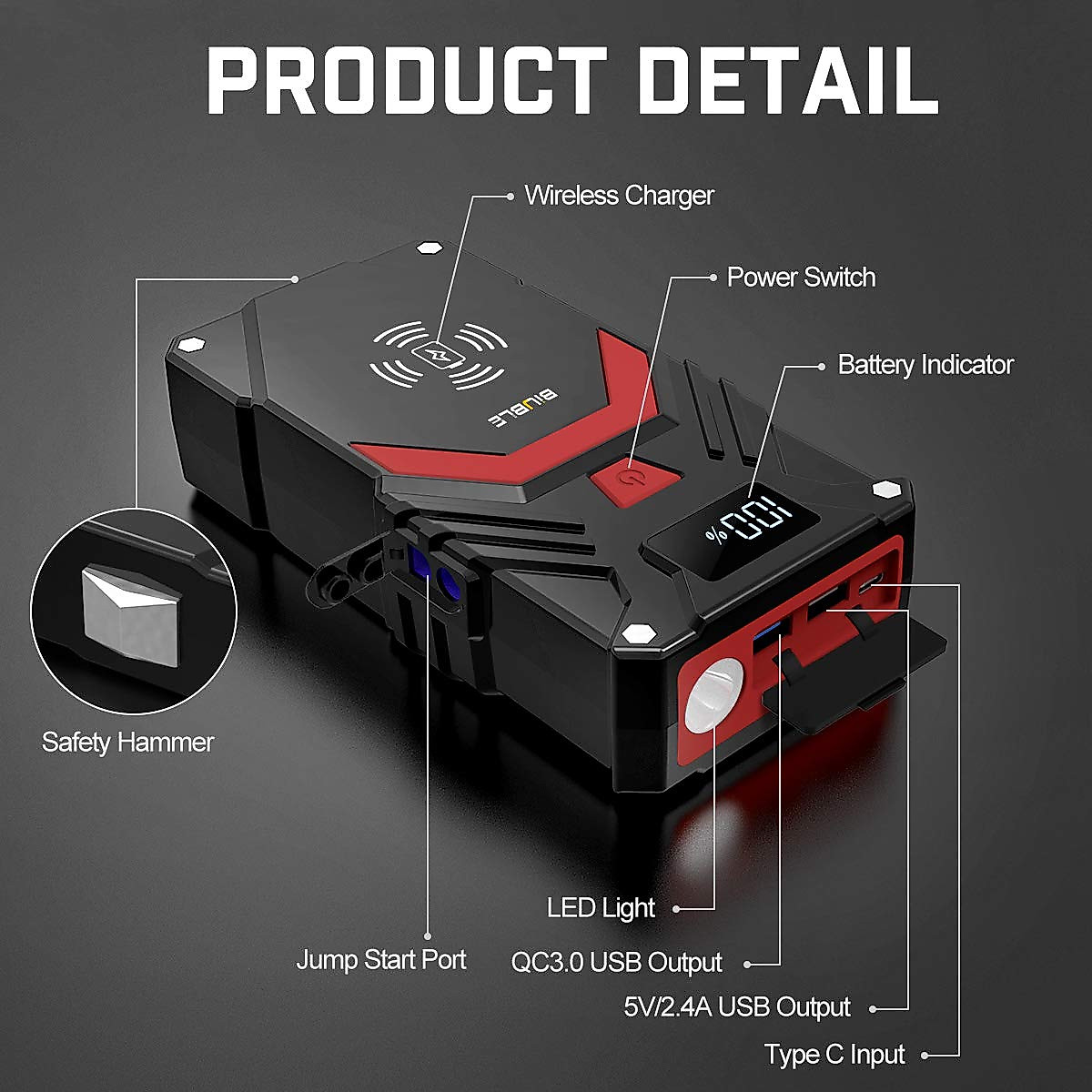 BIUBLE Car Jump Starter, 2500A Peak 12V Auto Booster Battery Pack Jump Box(Up to All Gas or 8.0L Diesel Engine, 50 Times) Jump Starter with 10W Wireless Charger Smart Jump Cables