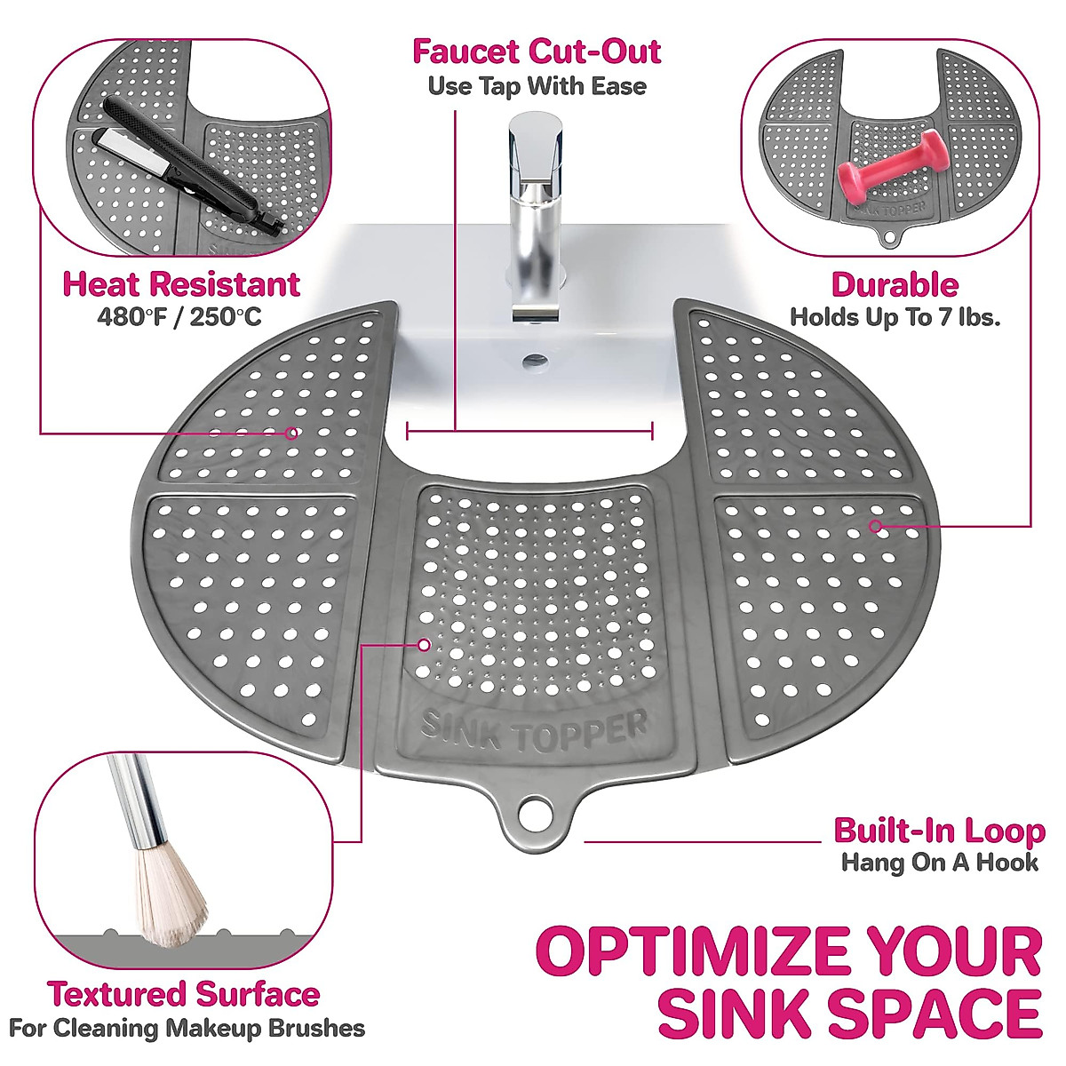 Sink Topper, Foldable Bathroom Sink Cover for Counter Space. Makeup Organizer Mat and Must Have Bathroom Gadget. Standard, Black.