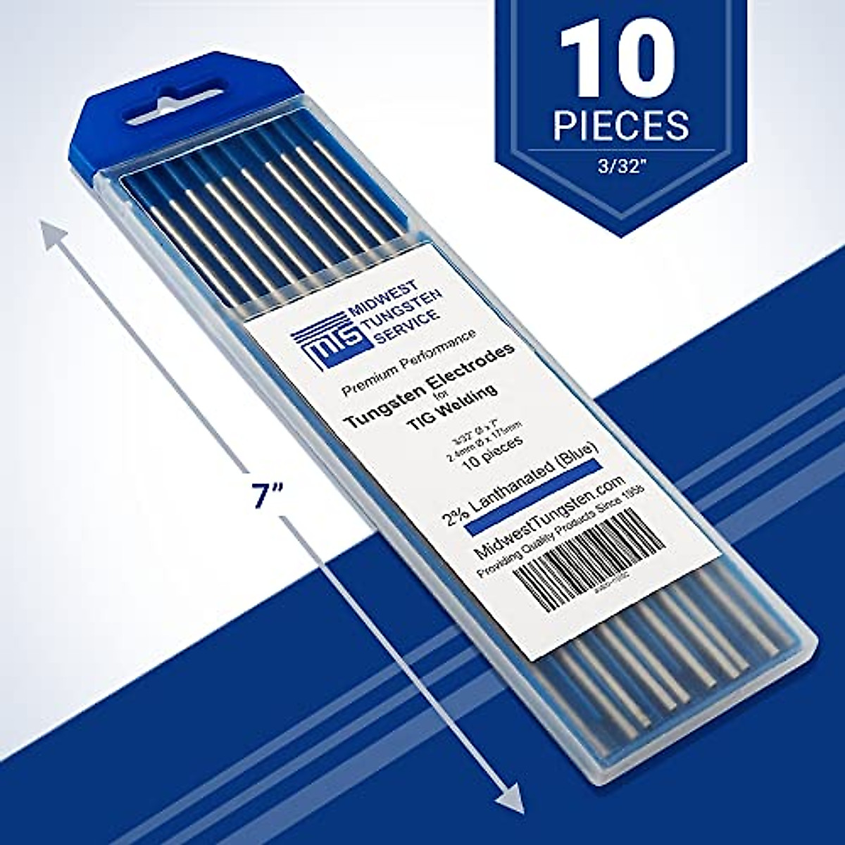 Midwest Tungsten Service TIG Welding Tungsten Electrodes 10-Pack (Blue - 2% Lanthanated Tungsten (WL20/EWLa-2), 3/32")