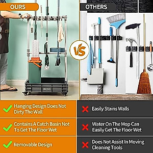 Broom mop Holder Cleaning Supplies Organizer Janitor carts on Wheels Housekeeping Station Storage Tools for Garage, Garden, Closet, Cabinet