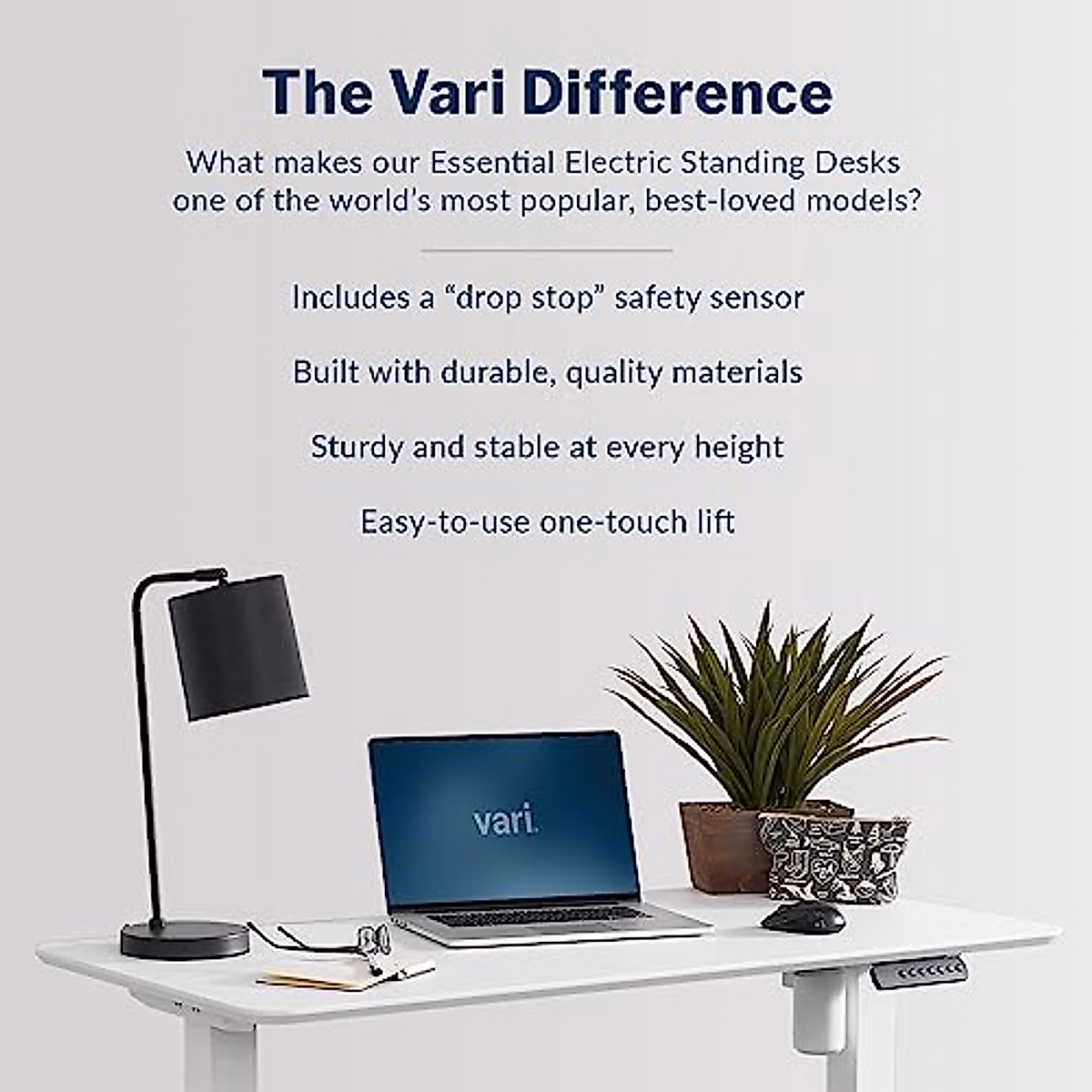 Vari Essential Height Adjustable Electric Standing Desk - Home Office With VariDesk Sturdy T-Legs - Quiet Motorized 48x24 Inch Small Desk - White - 1 Box