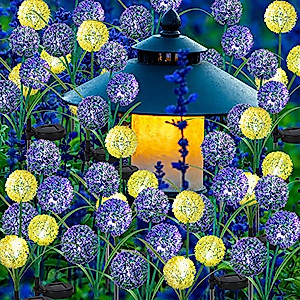 FORUP 2 Pack Solar Garden Stake Lights, Outdoor Solar Lights in Dandelion Flower Design, LED Solar Powered Lights for Patio, Lawn, Garden, Yard Decoration, Yellow & White