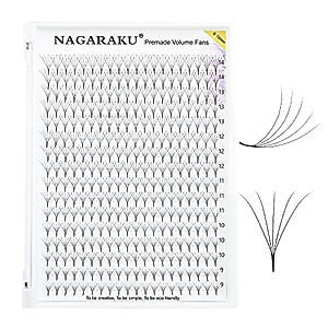 NAGARAKU Premade Fans Eyelash Extensions 320 Fans 5D Volume 0.07mm D curl 9-14mm Mix Tray Sharp Narrow Stem Clusters Thin Pointy Base Russian Pre Fanned Fluffy Matte Black