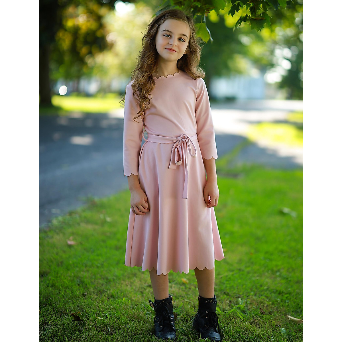 Arshiner Big Girls Dresses 3/4 Sleeve Scalloped Edge A-line Belted Banquet Dress with Pockets（Pink，13-14Years）