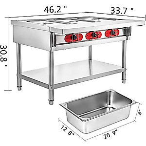 VBENLEM Commercial Electric Food Warmer 3 Pot Steam Table Food Warmer 18 Quart/Pan with Lids with 7 Inch Cutting Board Food Grade Stainless Steel Steam Table Serving Counter 110V 1500W for Restaurant