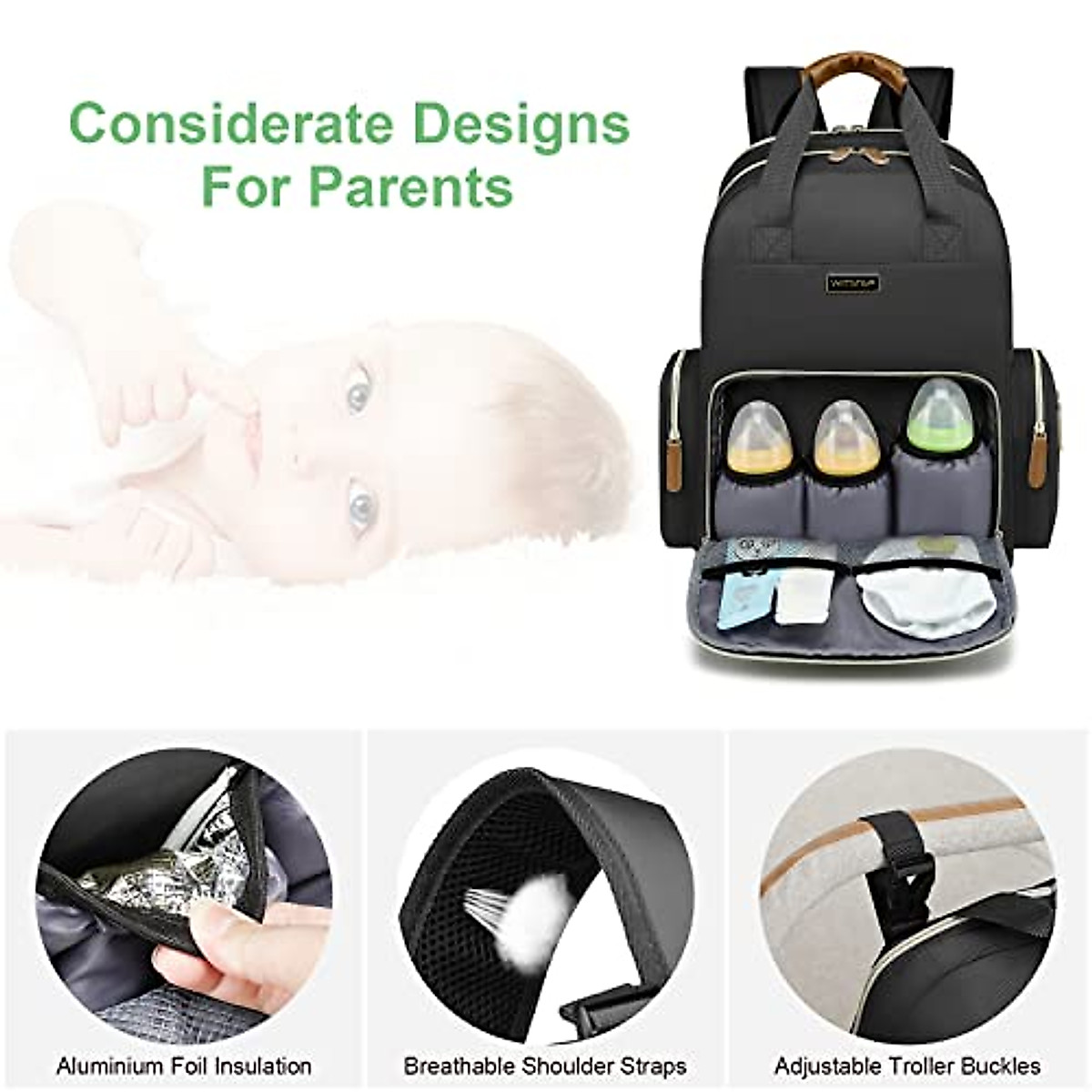 WITSTEP Diaper Bag Backpack with Changing Station, Baby Diaper Bag Organizer for Moms Dads-Diaper Tote Bags for Hospital Stroller Travel Bag for Airplane,Baby Eessentials/Large Capacity,Black