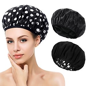 Geyoga 2 Pcs Shower Cap Terry Lined Shower Cap for Women Large Triple Layer Shower Cap with Microfiber Dry Hair Function Breathable Bath Cap Reusable Waterproof for Long Hair(Cute Pattern)