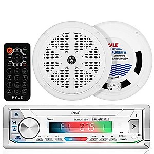 Pyle Bluetooth Marine Receiver Stereo & Speaker Kit - 300W Single DIN Boat Marine Head Unit, Mic, Hands-Free Calling, AUX, MP3/USB/SD, AM/FM Radio, Remote Control - PLMRKT49WT (White)