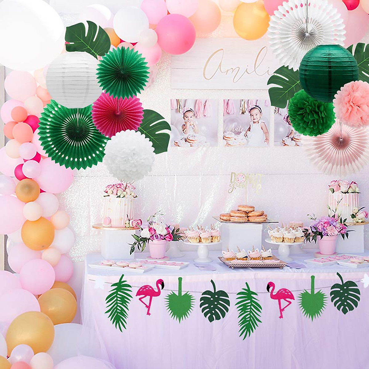 Meiduo Tropical Flamingo Palm Leaves Party Decorations with Paper Fans Paper Lanterns Pom Poms Flowers for Birthday Bridal & Baby Shower Bachelorette Hawaiian Beach Pool Summer (Green)
