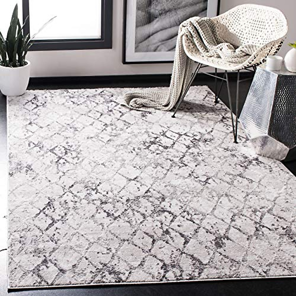 SAFAVIEH Amelia Collection 11' x 15' Grey / Navy ALA783H Modern Trellis Distressed Non-Shedding Living Room Bedroom Dining Home Office Area Rug