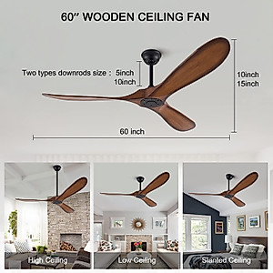 BOJUE 60 Inch Wood Ceiling Fan Without Light Remote Control, Low Profile Ceiling Fan Indoor Outdoor with 3 blade for Patio Living Room, Bedroom, Office, Summer House, Etc (Deep Walnut Blades)