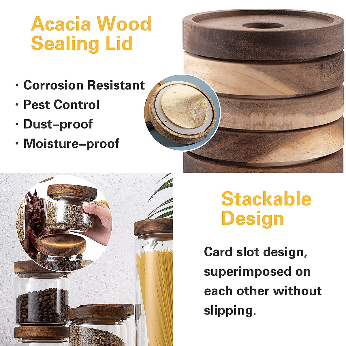 MOLADRI 960ML/32Oz Clear Cute Glass Storage Canister Holder with Stackable Airtight Wood Lid, Modern Decorative Container Jar for Coffee, Spice, Candy, Salt, Cookie, Condiment, Pepper, Sugar