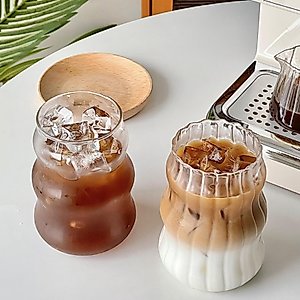 2 Pcs Ribbed Glass Cups, 18 Oz Vintage Drinking Glassware with Wave Shape Design, Bubble Cups for Iced Coffee, Juice, Beverage, Milk, Cocktails, Bubble Tea, and More