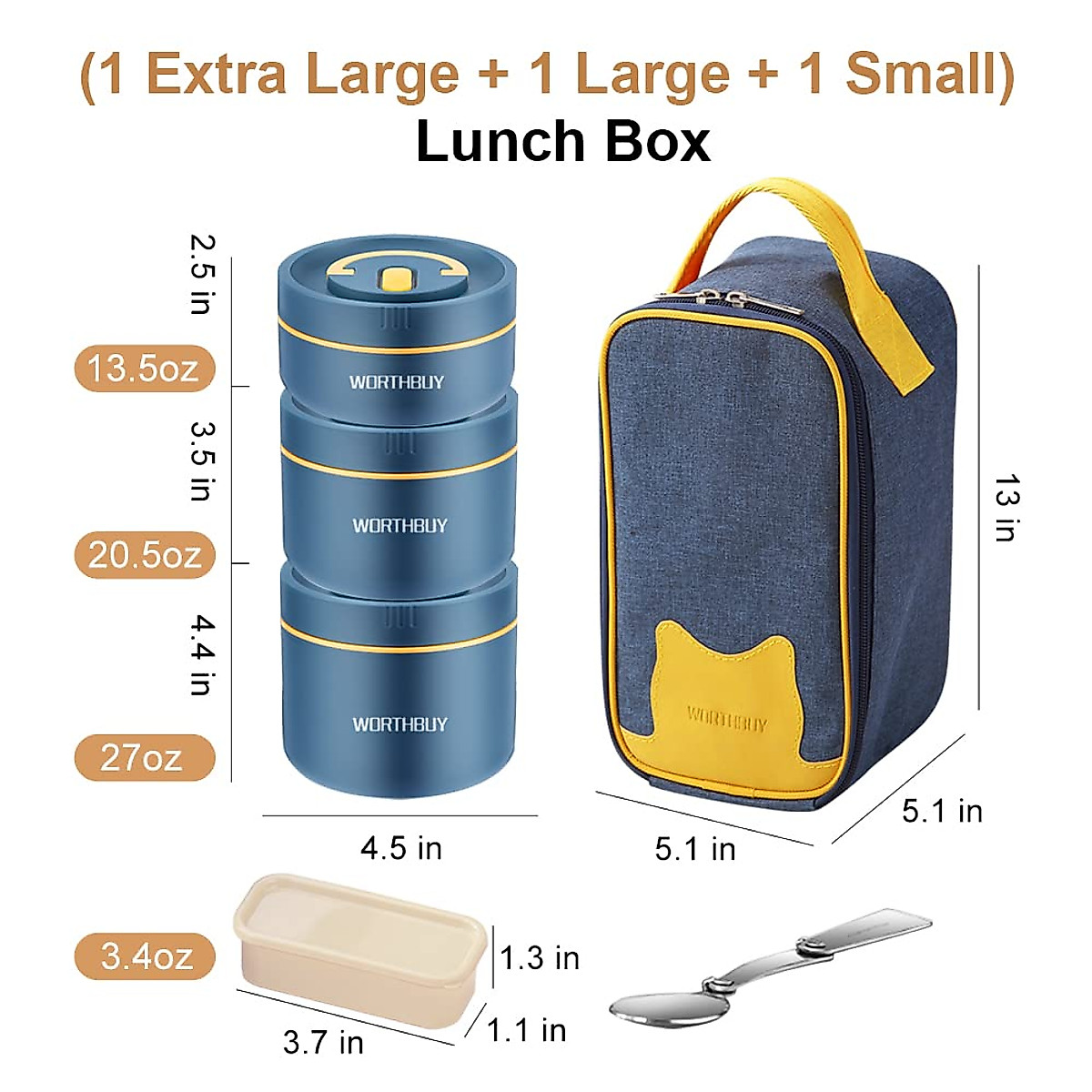 VANDHOME Portable Insulated Lunch Box Set, Microwave Safe Thermal Bento Lunch Container For Adults Kids, 18/8 Stainless Steel Keep Warm Food Container With Bag & Sauce Box (Blue 3Pcs 60oz)