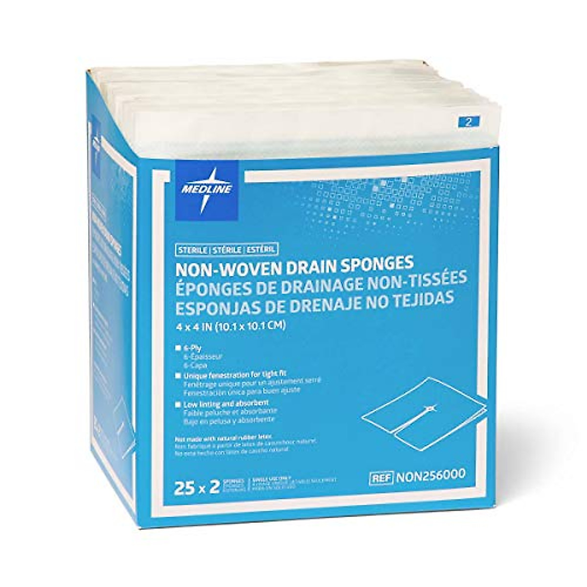 Medline Nonwoven Drain Sponges, Sterile, 6-Ply Gauze, 4" x 4", 2 Count (Pack of 300)