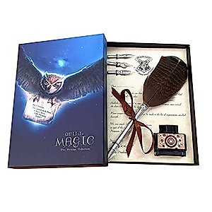 OPENDGO Antique Owl Feather Quill Pen and Ink Set Writing Quill Dip Calligraphy Pen Set for Beginners with 3 Nibs and Ink