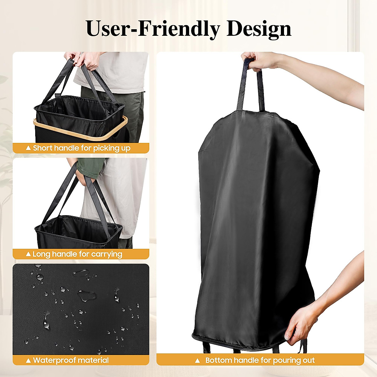 Foluck Large Laundry Hamper, 100L Waterproof Laundry Basket with Lid and Removable Bag, Collapsible Tall Clothes Hamper with Bamboo Handles for Clothes Toys in Dorm Bedroom Bathroom, Black