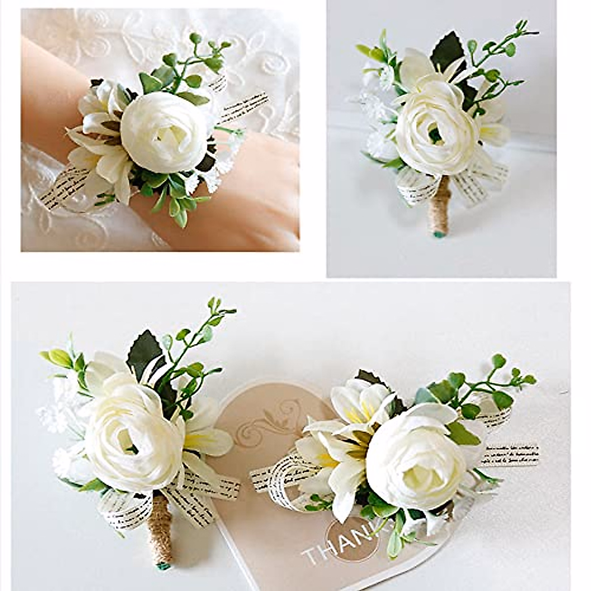 XAN Rose Wrist Corsage Wristlet Band Bracelet Boutonniere ,for Wedding Flowers Accessories Prom, for Wedding Bridal Prom Party Accessories (White Corsage)