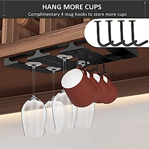 Wine Glass Rack, 2 Pack Under Cabinet Stemware Wine Glasses Holder, Metal Wine Glass Holder Shelf with 4 Mug Hooks Wine Glasses Storage Hanger for Kitchen Bar Restaurant, Black 3 Rows