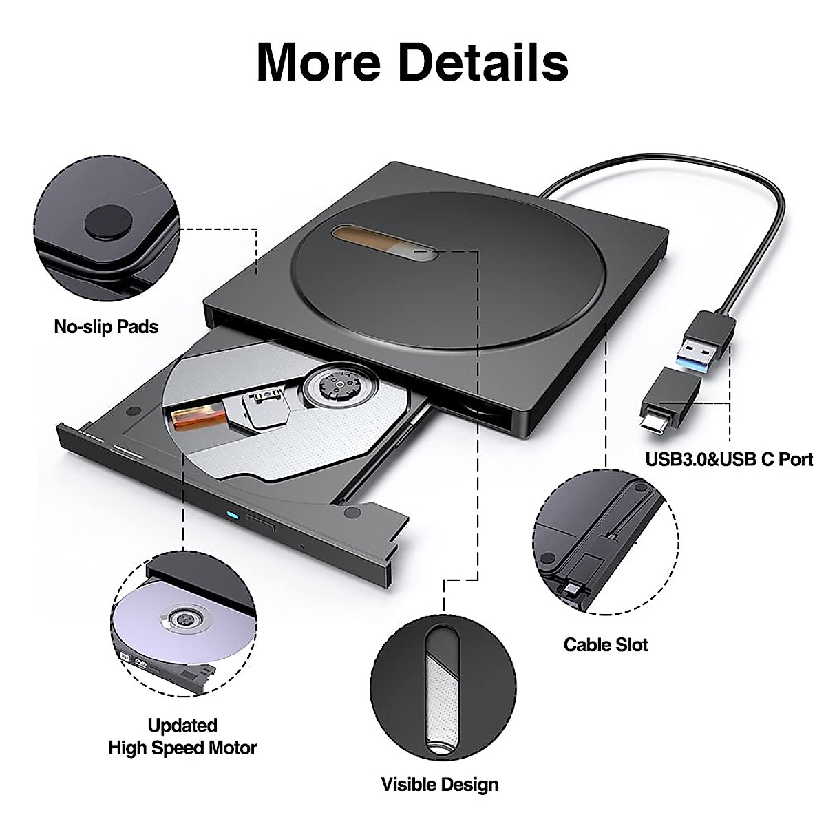 VersionTECH. External CD DVD Drive, USB 3.0 Type C Ultra-Slim Superdrive Optical Burner Writer Player CD DVD +/- RW, Compatible with Windows 10 8 7 XP Vista Mac OS System for Mac Pro Air iMac Laptop