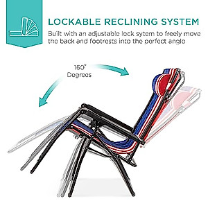 Best Choice Products Folding Zero Gravity Outdoor Recliner Patio Lounge Chair w/Adjustable Canopy Shade, Headrest, Side Accessory Tray, Textilene Mesh - American Flag