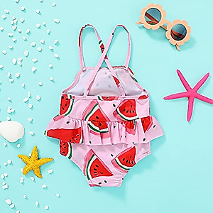 Infant Baby Girl Swimsuit Leopard Backless Swimwear Girl One Piece Halter Ruffle Watermelon Bathing Suit (Watermelon, 70, 3_Months)