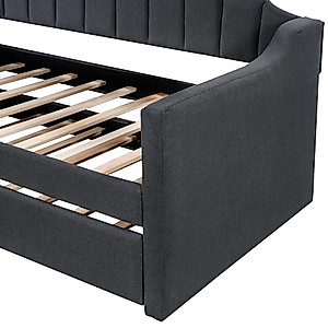Harper & Bright Designs Twin Upholstered Daybed with Trundle, Wood Daybed Sofa Bed Frame for Living Room Bedroom– Black