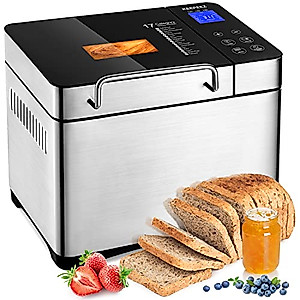 KEEPEEZ Bread Maker Machine, 2LB Premium Stainless Steel Bread Maker, 17-in-1 with Gluten Free, Jam, Yogurt, Dough, Auto Nut Dispenser, Ceramic Pan, 1Hour Keep Warm, 3 Crust Shades, 2 Paddles, Recipes