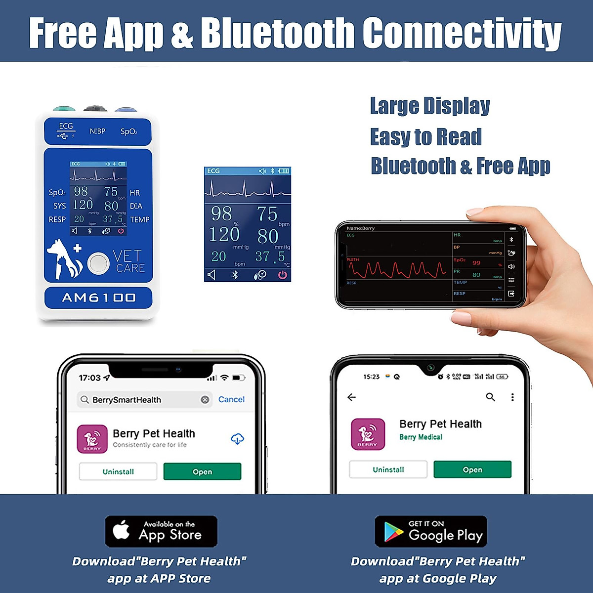 Handheld Veterinary Pulse Oximeter,Rechargeable Dog Blood Pressure Monitor, 6 Parameters Animal Patient Mnitoring Equipment with 2.4" Display and Bluetooth for Family Pets Cat Home Clinic Use