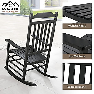 LOKATSE HOME Outdoor Rocking Chair Set of 2 Oversized Wooden Porch Rocker with 300 lbs Weight Capacity, High Back Smooth for Backyard, Lawn, Garden and Deck, Black