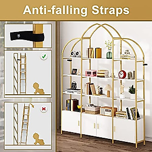 Semoic Triple Wide 5-Tier Gold Bookshelf, 70.87" L x 86.61" H Extra Bookcase with Storage Cabinet, Modern Etagere Bookcase Tall Open Display Shelf for Home Office, Gold&White
