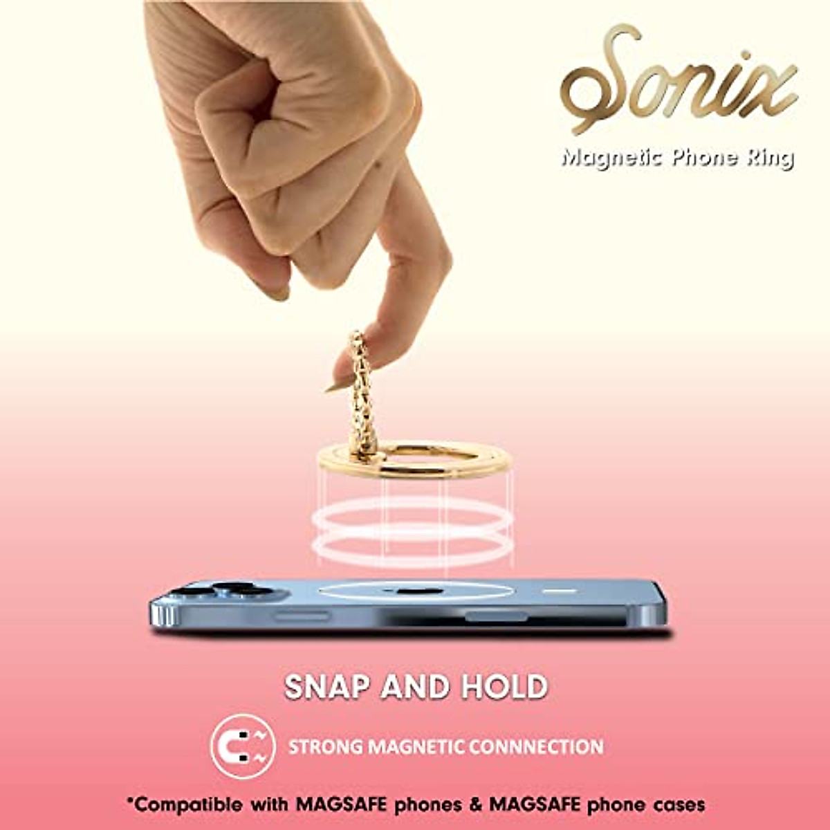 Sonix Magnetic Phone Ring Holder with Finger Ring and Phone Stand for iPhone 15, 14, 13, 12 Series Magsafe Cases (Gold/Clear)
