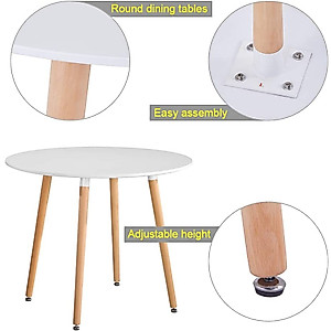 NIERN Round Dining Table with Beech Wood Legs, Modern Wooden Kitchen Table for Dining Room Kitchen (White)