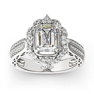 Jeulia 2.5 Carat Emerald Cut Rings for Women 925 Sterling Silver Halo Solitaire Engagement Rings White Diamond Cubic Zirconia Eternity Rings Anniversary Promise with Jewelry Gift Box (White, 6)