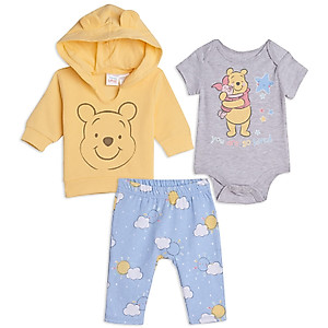 Disney Winnie the Pooh Newborn Baby Boy or Girl Hoodie Bodysuit and Pants 3 Piece Outfit Set 3-6 Months