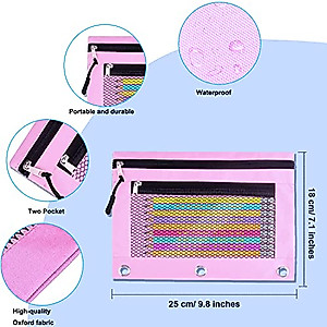 Pencil Pouch for 3 Ring Binder, 2 PCS Double Layer Binder Pencil Case with Zipper Puller, Transparent PVC Mesh Window Oxford Pencil Holder 3 Ring Binder Pencil Cases, Smooth Metal Zipper Pencil Pouches Set for School& Office Supplies