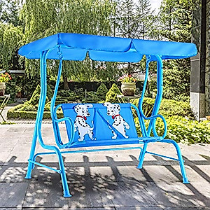 Happygrill Mini Patio Swing 2 Seats Porch Swing with Safety Belt Outdoor Lounge Chair Hammock with Canopy for Kids, Blue