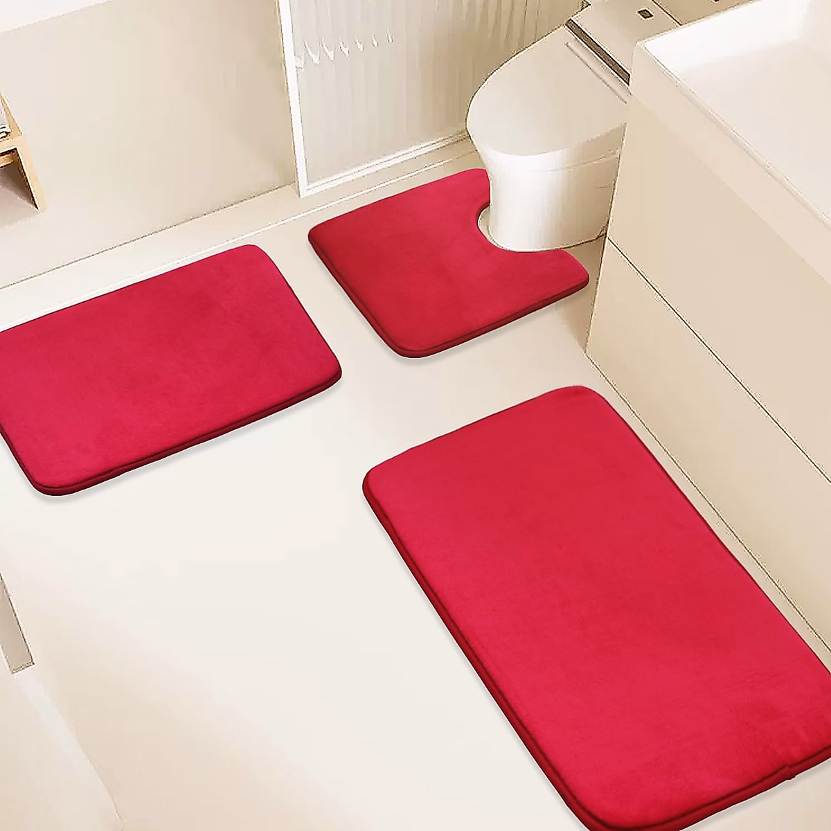 AINAHYVA Christmas Memory Foam Bath Mat Rug 3 Piece Set, Super Absorbent, Strong PVC Non Slip Backing, Bath mats for Bathroom, Plush Shaggy, Thick, Machine Washable, Bathtub, Shower, Toilet, Red