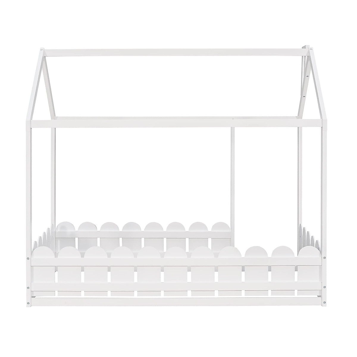 MERITLINE Twin House Bed for Kids Wood Playhouse Bed Frame with Rails & Roof, Montessori Floor Bed for Girls Boys Teens (White)