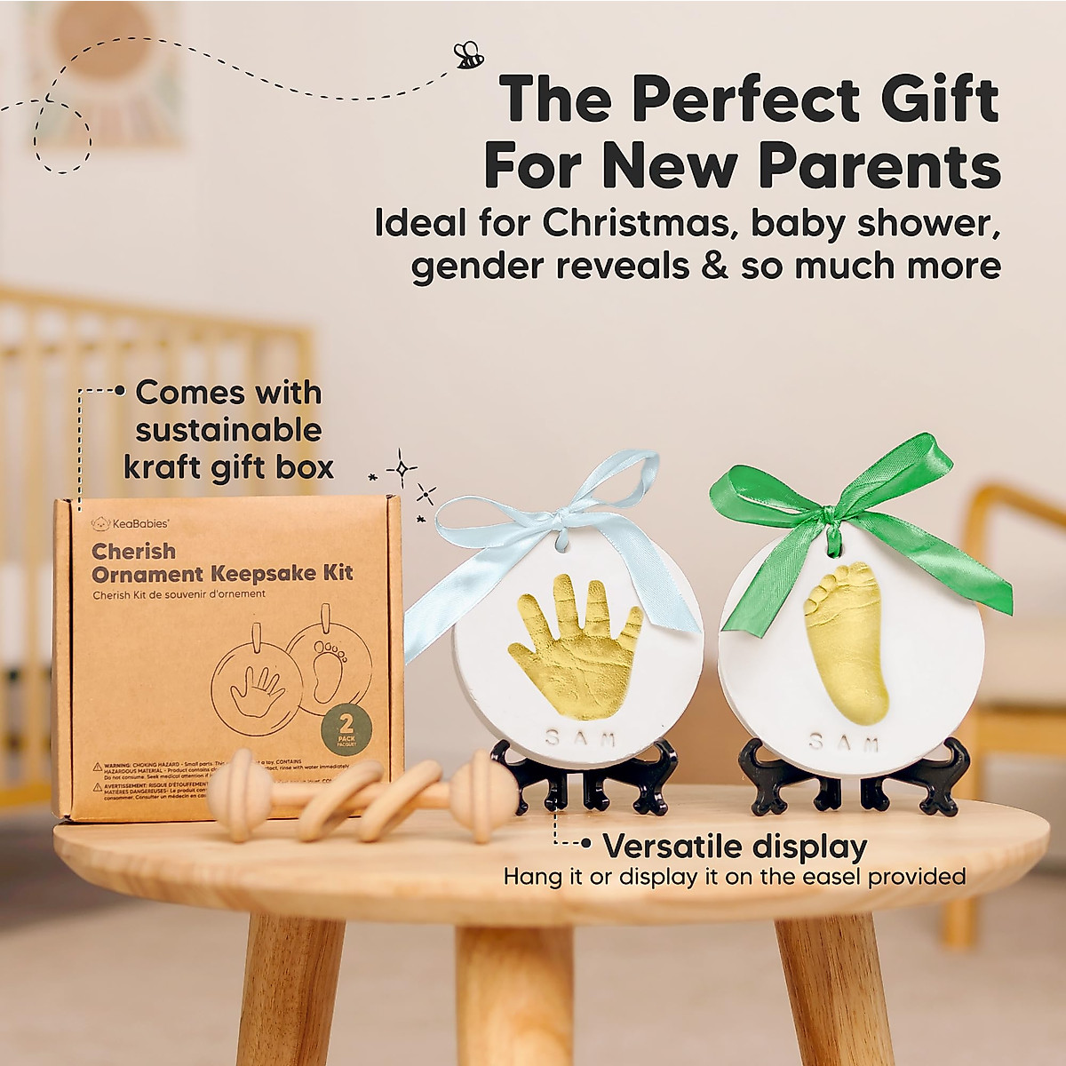 Baby Hand and Footprint Kit -Personalized Baby First Christmas Ornament,Baby Footprint Kit for Toddlers,Baby Keepsake Handprint Ornament Making Kit, Baby Shower Gifts for Newborns(Gold Paint, Cherish)