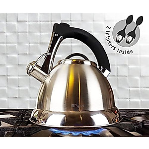 Whistling Tea Kettle with iCool - Handle, Surgical Stainless Steel Teapot for Stovetop, 2 FREE Infusers Included, 3 Quart by Pykal