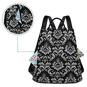 Dark Grey Baroque, Retro Damask Floral Pattern on Black Women Daypacks Ladies Backpack Purse Casual Shoulder Bag Knapsack College Schoolbag Sitting Rucksack Students Bookbag