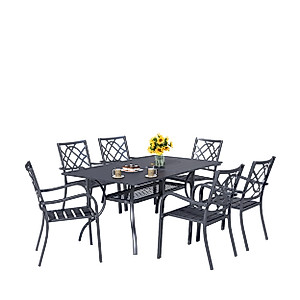 Patiomore 7 Piece Outdoor Patio Dining Set, Metal Furniture Set Rectangular Slatted Dining Table with Umbrella Holes & 6 Stackable Backyard Garden Chairs
