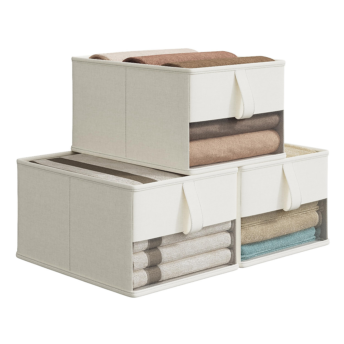 Vailando Foldable Storage Bins with Clear Window, Fabric Organizer for Closet, Shelves & Cubes - Breathable, Odor-Free Storage Boxes for Towels, Clothes, Toys, Books - 14.75"x10.25"x8", White, 3-Pack