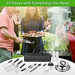 Stolix 29Pcs Stainless Steel Griddle Accessories Kit for Blackstone and Camp Chef Grill BBQ Spatula Set with Carry Bag 100Pcs Bamboo Skewers