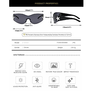 Palarado Y2K Sunglasses Accessories Glasses Fashion 2000s Cyber Shield Wrap Around Star Sunglasses for Women Rimless Trendy Shades (Black Frame/Grey Lens)