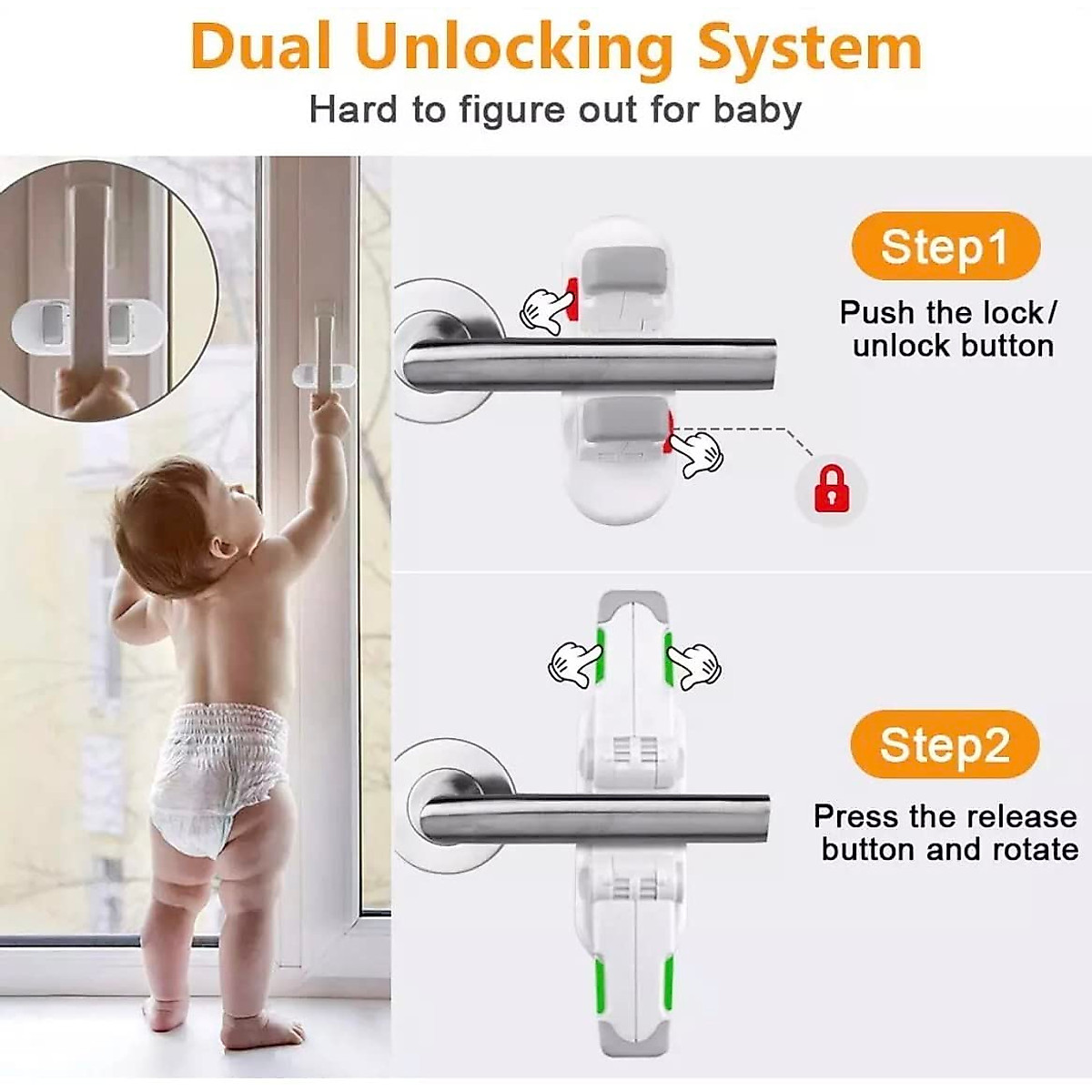 4 Pack, New and Improved Childproof Safety Door Lock, Prevents Toddlers from Opening Doors, BPA Free, 3M Adhesive, Easy to Install, No Drilling Needed.