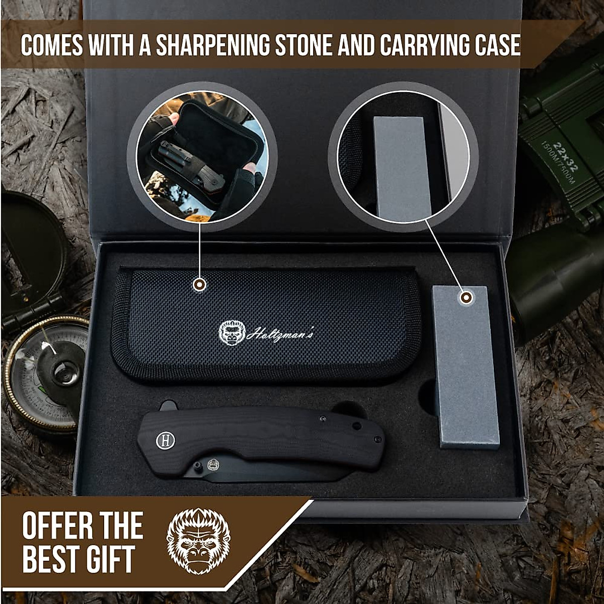 Holtzman's Gorilla Survival 'Clip Point' Folding Knife featuring D2 Steel Blade with G10 Tactical Handle in Gift Box Set (Black+Orange)